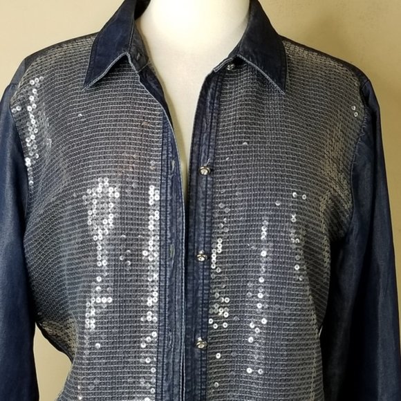 Chico's | Tops | Chicos Sequin Denim Top Size 3 | Poshmark